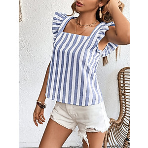 WDIRARA Women's Striped Ruffle Cap Sleeve Square Neck Boho Summer Blouse Casual Top Blue and White M