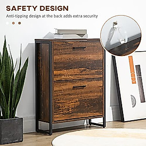 HOMCOM Shoe Cabinet with 2 Flip Doors, Slim 2-Drawer Shoe Cupboard with Divider and Open Compartment for 12 Pairs of Shoes, Entryway Storage Unit, Rustic Brown