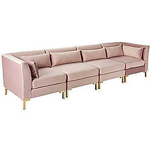 Iconic Home Girardi Modular Chaise Sectional Sofa Velvet Upholstered Solid Gold Tone Metal Y-Leg with 6 Throw Pillows Modern Contemporary, Blush