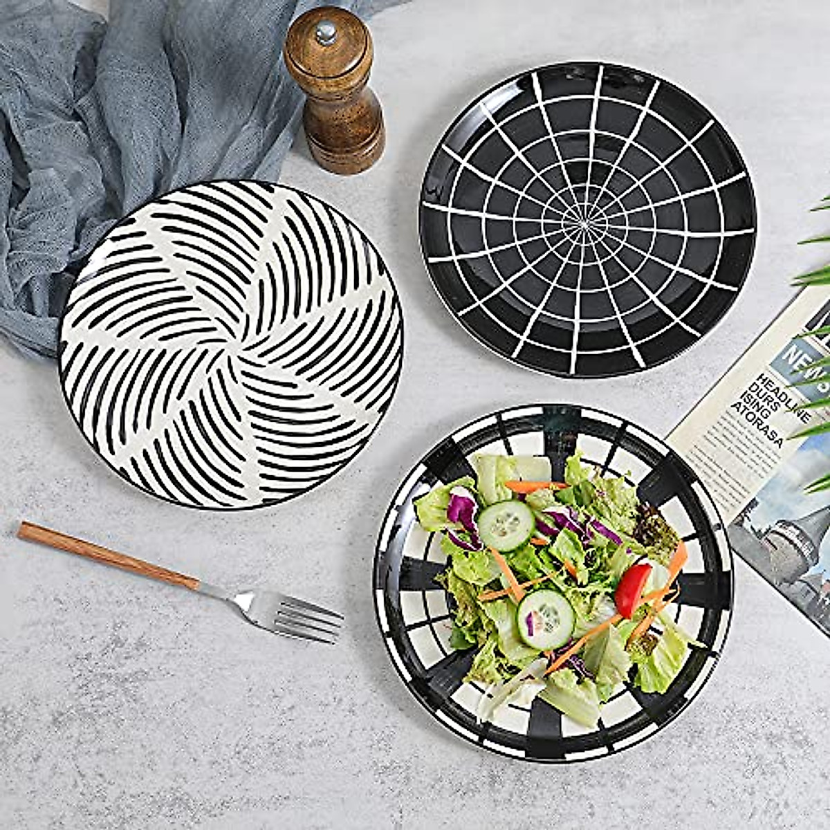 AHX Black Plate Set 8 Inch - Salad Plates | Dessert Appetizer Plates - Porcelain Lunch Plates - Set of 6 - Dishwasher and Microwave Safe