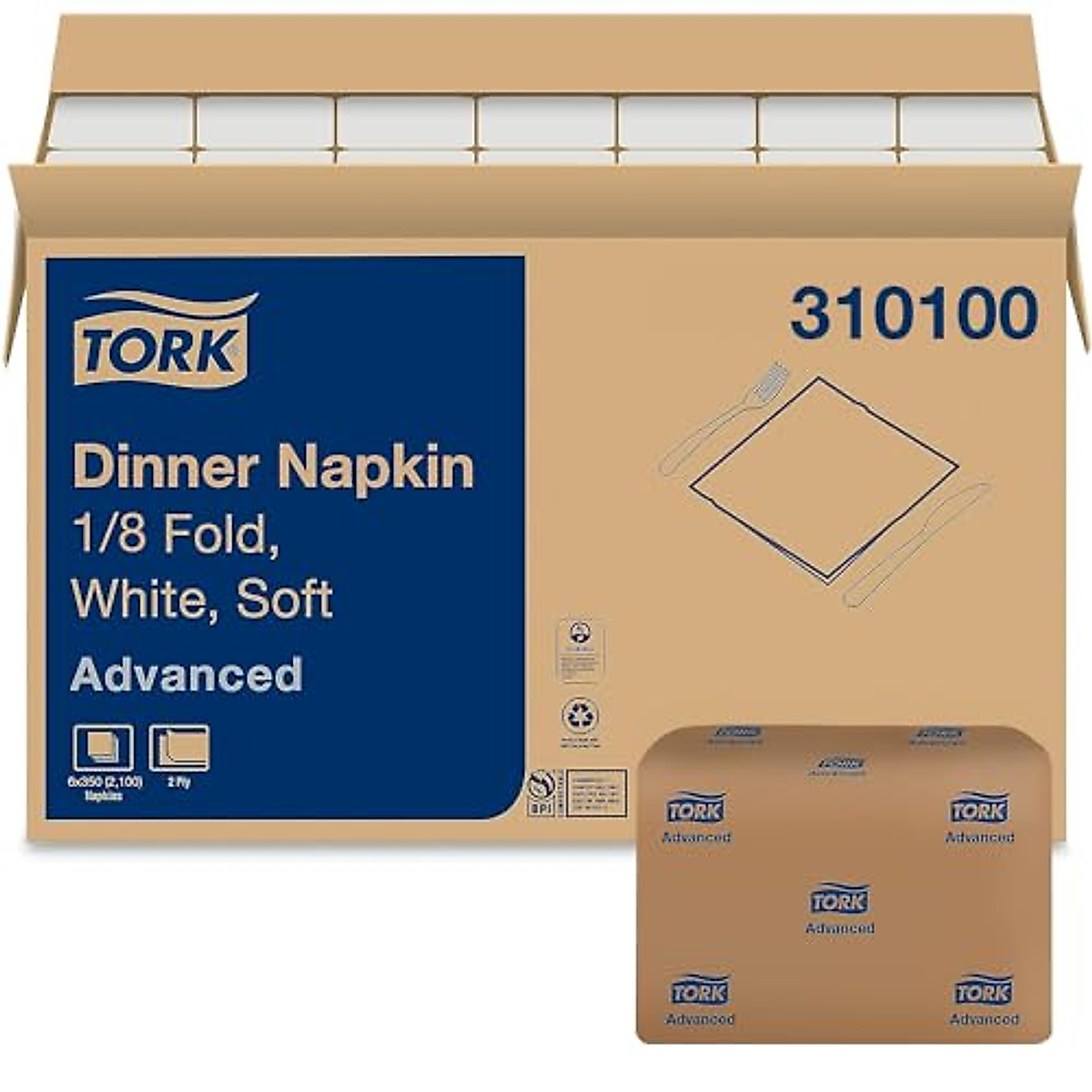 Tork Advanced Dinner Napkin, 1/8 Fold, 2-Ply, 310100, 6 x 350 napkins