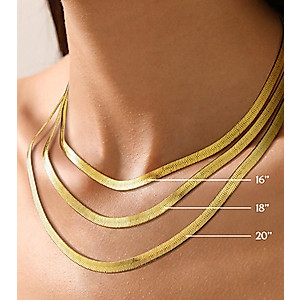 Wowshow Real Gold Plated Italian Snake Chain Necklace Flat Herringbone Choker Dainty Necklace for Women 4.5MM 18 Inch