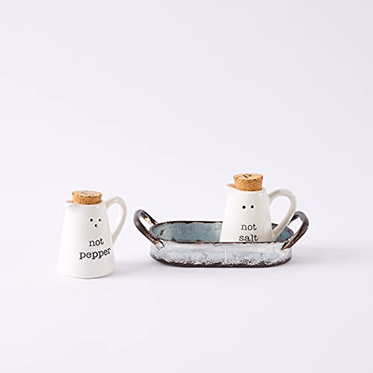 Mud Pie Farmhouse Inspired Ceramic Aluminum Salt and Pepper Caddy Set, One size, White