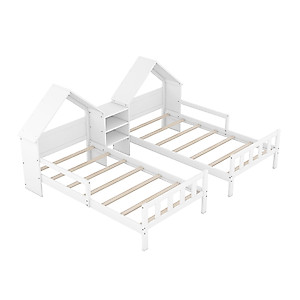 Bellemave Double Twin Size Platform Bed with House-Shaped Headboard and Built-in Nightstand,Twin House Bed Frame for 2 Kids,Montessori Bed for Boys & Girls(White)
