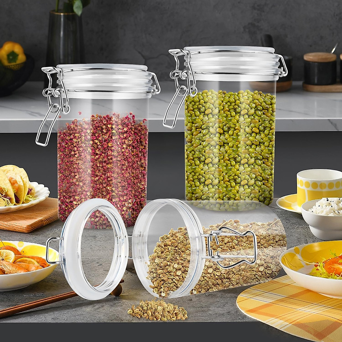 glasstore 2 Pcs 25 Oz/750ml Plastic Sealed Jar Empty Clear Food Storage Container Bottles With Locking Clamp For Sugar Coffee Nuts Spices Cookie And More