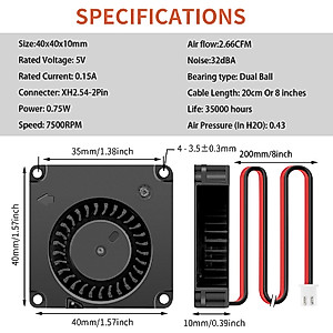 2Packs Wathai DC Blower Fan 4010 Radial Cooling Fan 5V 2 Pin DC 40mm x 10mm Dual Ball