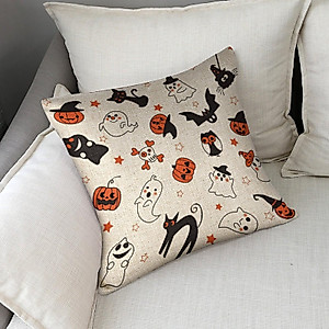 Halloween Ghosts Pattern Throw Pillow Covers 18×18 Pillowcases Set of 2 Cartoon Style Linen Decorative Square Pillow Case Cushion Covers Standard Size for Sofa Couch Outdoor Bed Pillow Protectors