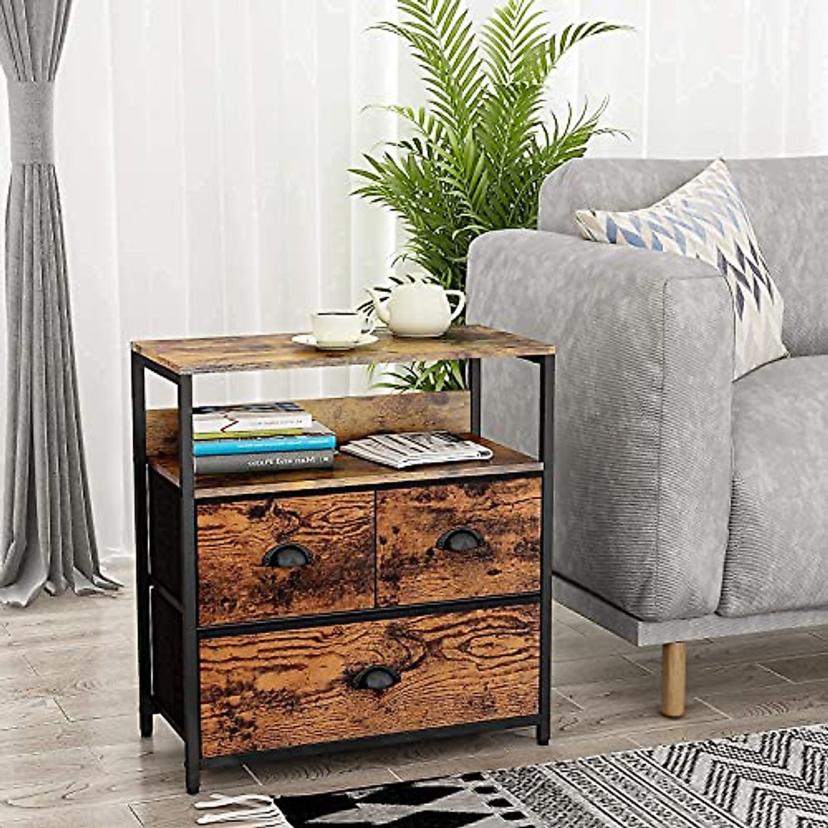 Furologee Vertical 4 Drawer Dresser with Shelves, and 3 Drawer Nightstand, Fabric Storage Tower Unit, Sturdy Metal Frame Furniture,Removable Brown Fabric Bins for Bedroom,entryway,Office