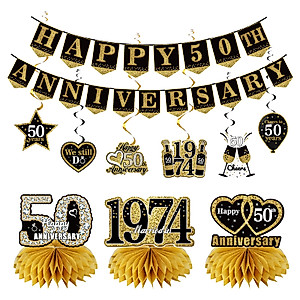 Bumqviy 50th Anniversary Decorations, 10pcs Happy 50th Wedding Anniversary Vintage 1974 Banner Centerpieces Kit, Cheers to 50 Years We Still Do Anniversary Ceiling Table Topper Sign Party Supplies