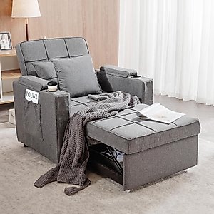 COMHOMA Sleeper Chair Bed Convertible Armchair Bed with Cup Holders Single Convertible Chair 3-in-1 Futon Chair Bed with Side Pocket, Pull Out Sleeper Bed Living Room, Bedroom (Grey)