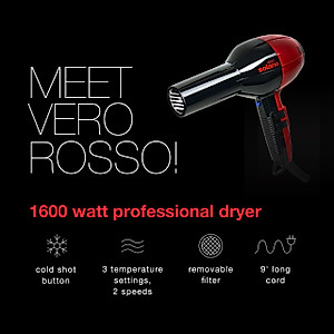 Solano Vero Rosso Ceramic Ionic Hair Dryer | Fast Drying 1600 Watt Lightweight Blow Dryer | Quiet + Ergonomic Design +Tourmaline for Added Shine and Smoothness | Italian-Made