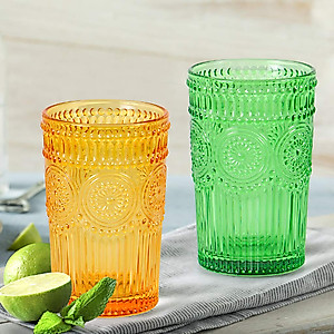 MDLUU Colored Glassware, Multicolor Drinking Glasses, Embossed Water Glasses, Colored Tumblers Glass, Capacity 12oz/345ml, Set of 4
