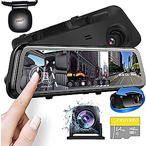 PRUVEEO 3 Channel Mirror Dash Cam, 1440P+1080P+1080P Front Inside and Rear, 12'' Full Touch Screen Rear View Mirror Camera, IR Night Vision(Sony Sensor), GPS, Parking Monitor, with 64GB Card