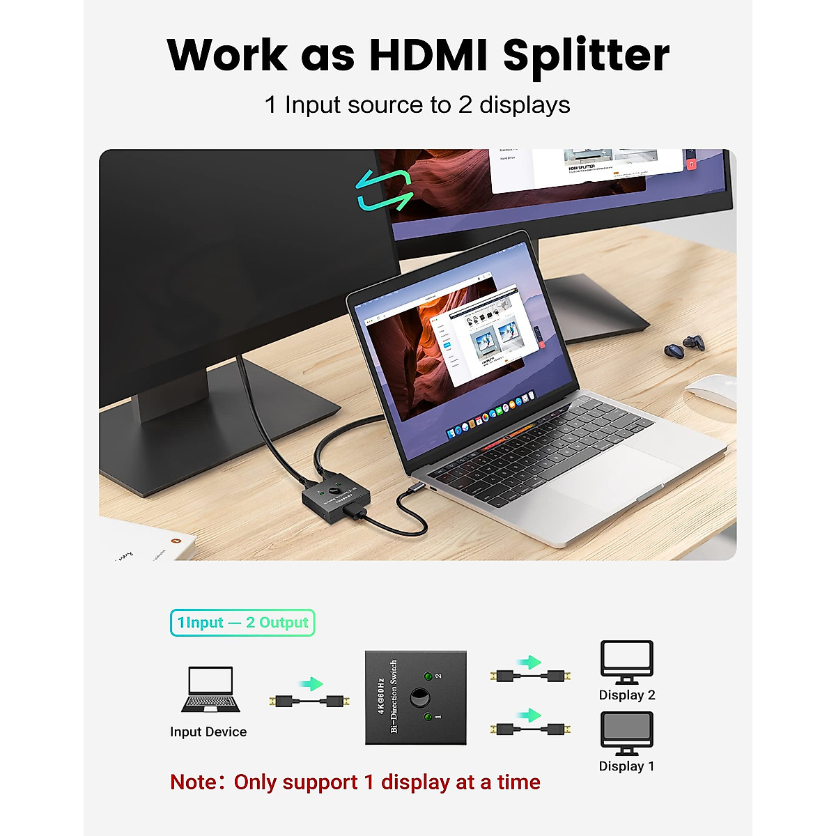 avedio links HDMI Switch 4K@60Hz HDMI Splitter, Bi-Directional HDMI 2.0 HDCP 2.2 Switcher 2 in 1 out, HDMI Splitter 1 in 2 out Support 3D HDR for Xbox PS5/4 Roku Fire Stick HDTV Monitor