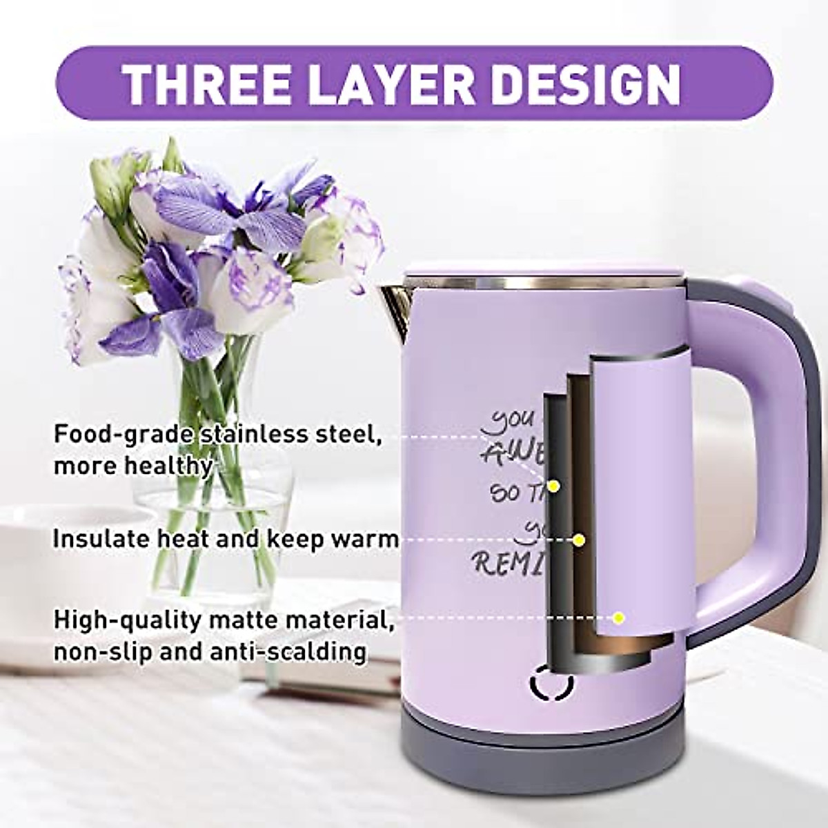 0.8L Small Electric Kettle Stainless Steel,600w Low Power Mini Portable Tea Kettle, Double Wall Travel Hot Water Boiler,Auto Shut-off & Boil-Dry Protection,for Travel, Office Student Dormitory