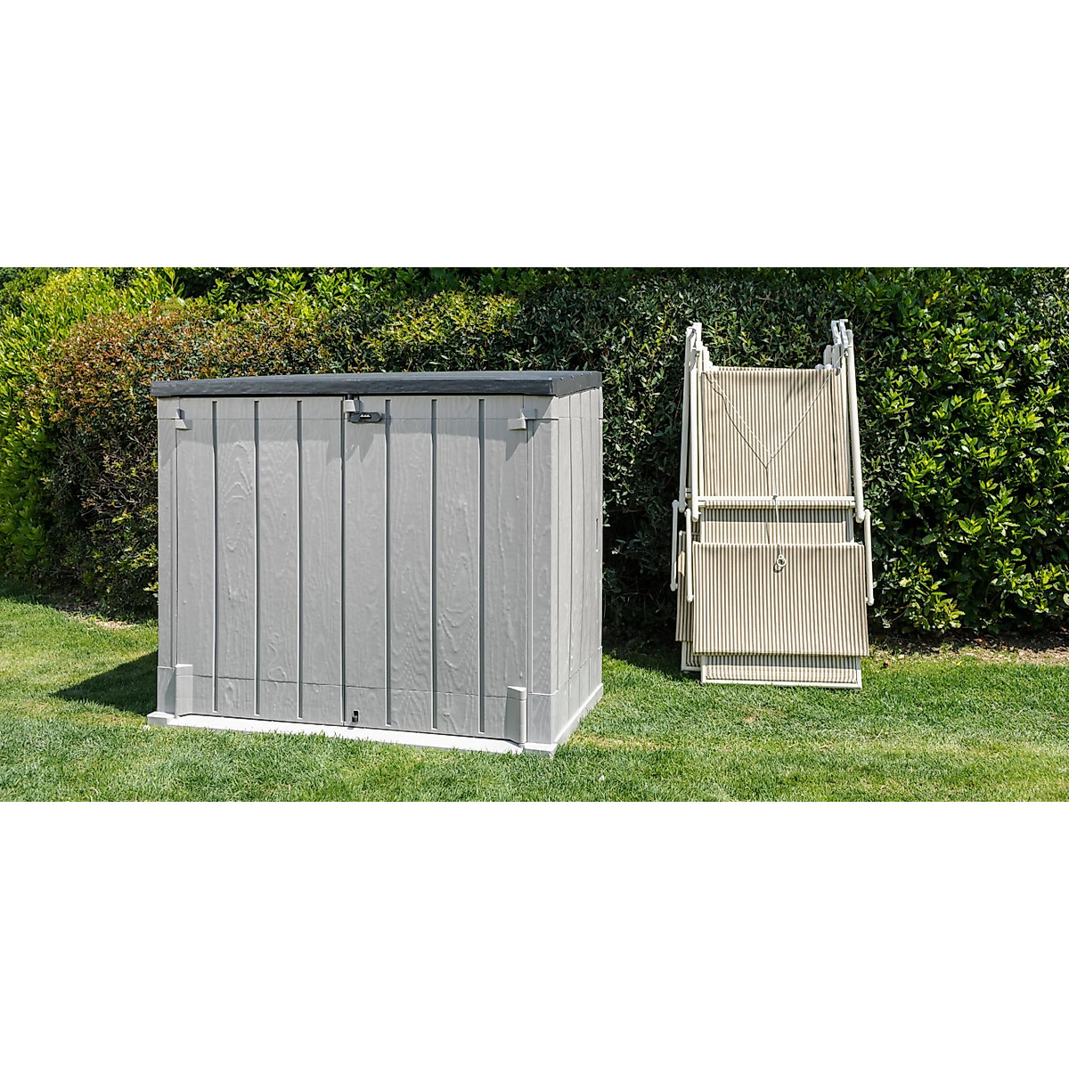 Toomax Stora Way All Weather Outdoor XL Horizontal Storage Shed Cabinet for Trash Can, Garden Tools, and Yard Equipment, Taupe Gray and Anthracite