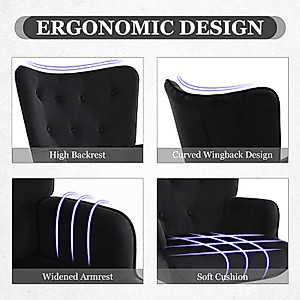 Furnimart Black Velvet Accent Chair Mid Century Modern Living Room Chairs; Comfy Armchair Leisure Vanity Guest Wingback Chair for Office Study Vanity Bedroom Waiting Room