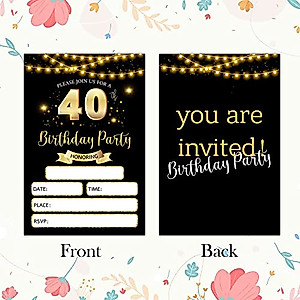 RLCNOT 40th Birthday Invitations Cards with Envelopes Set of 20 - Classic Black Gold Birthday Party Invitations for Teens, Adult, Man, Woman, Party Celebration, Supplies/BDAY097