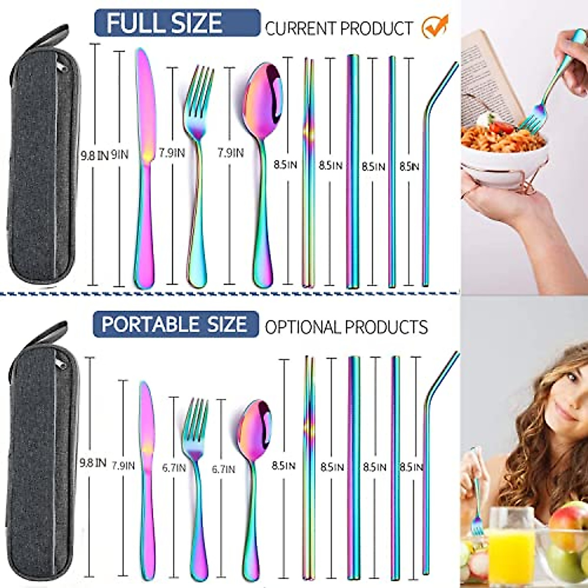 Travel Reusable Utensils Silverware with Case,Camping Cutlery set,Chopsticks and Straw for Camping, Portable Flatware Cutlery Set with Case, Stainless steel Travel Utensil set 8 Piece AF(Rainbow)