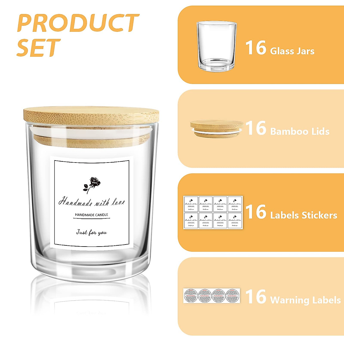 Artcome 16 Pcs Candle Glass Jars with Bamboo Lids Set for Making Candles - 16 7oz Empty Candle Jars, 16 Bamboo Lids, 16 Label Stickers, 16 Warning Labels, Dishwasher Safe