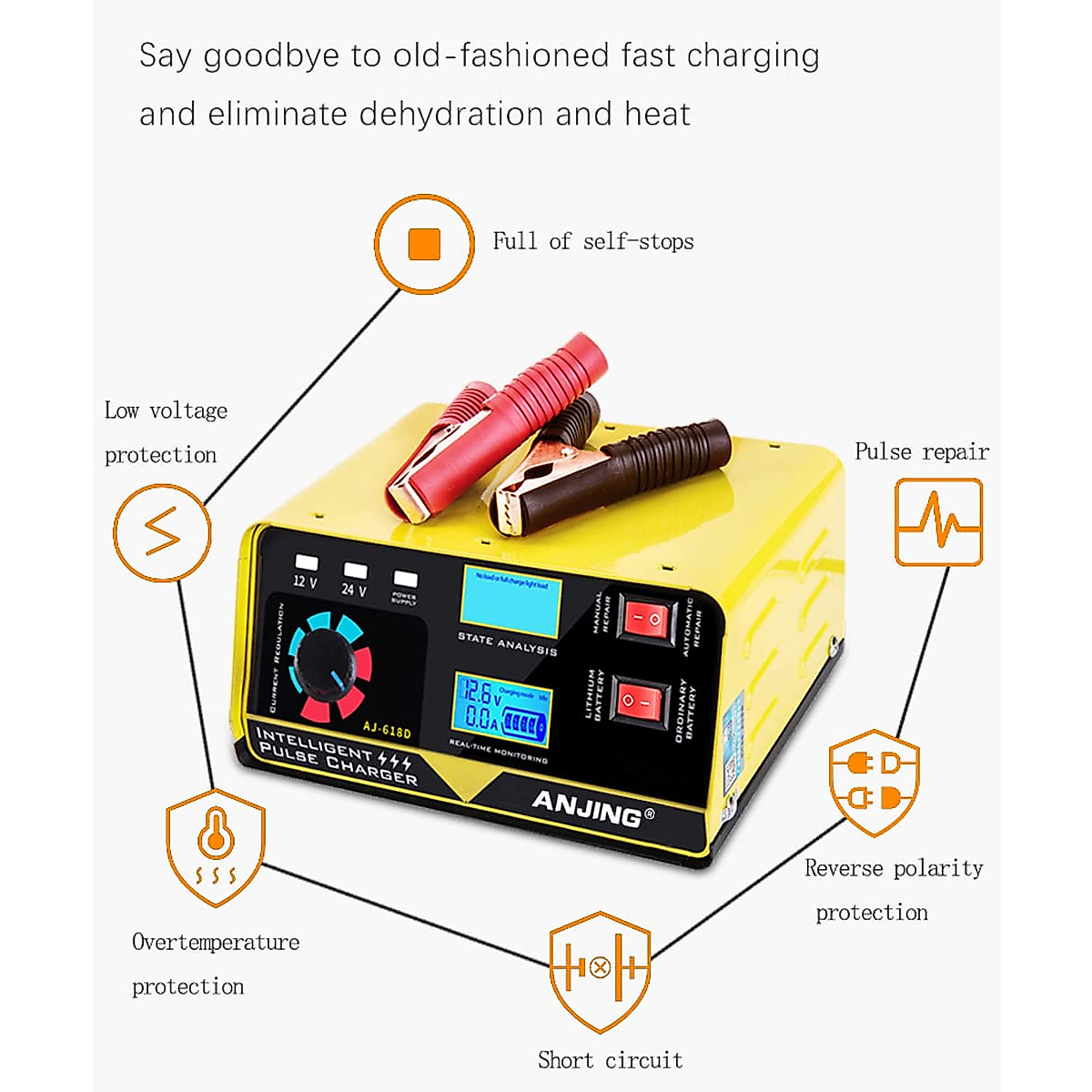 12V 24V Car Battery Charger, 15A Lead-Acid Lithium Battery Charger, Smart Trickle Charger Maintainer, Deep Cycle Battery Repair Charger Automotive Desulfator for Car Motorcycle Truck Boat Lawn Mower