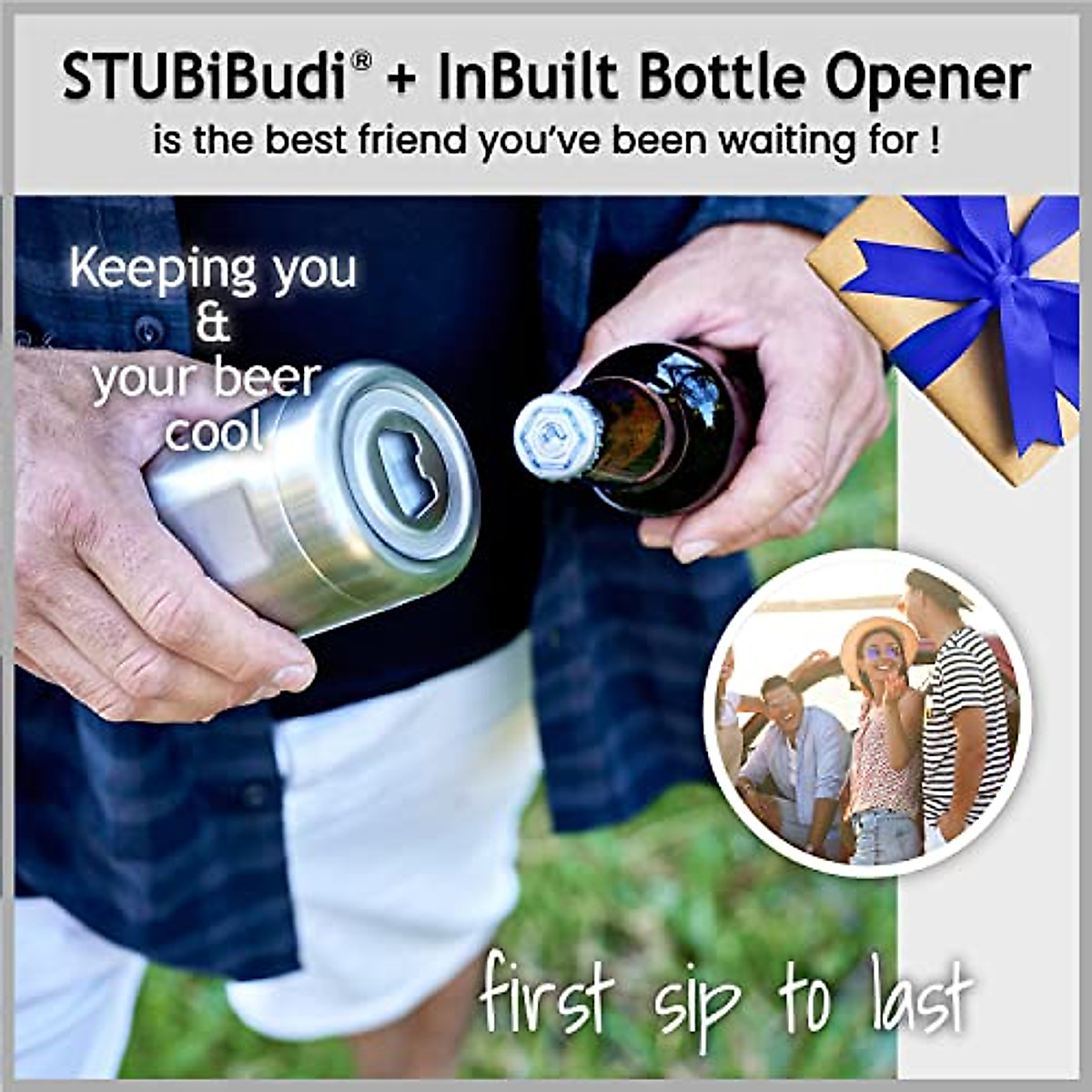 STUBiBudi Beer Can Cooler 12 oz Beer Bottle Insulator Beer Bottle Opener, 3 in 1 Universal Can Coozie Insulated Coozie for Cans and Bottles 4 in 1 Can Holder Beer Gifts Men Dad Birthday - Steel