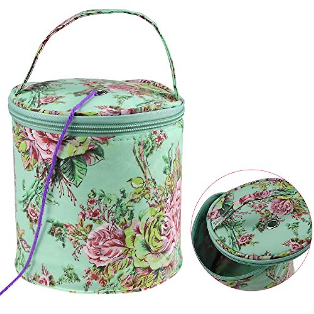 Coopay Mini Yarns Drum Yarn Storage Bag, Small Knitting Bag Craft Tote Perfect for Beginner, Crocheter, Knitter and Crafter, 6 x 5.5 inch, Durable and Sturdy, Green Peony