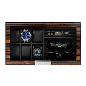 Lifomenz Co Watch Jewelry Box for Men 6 Slot Watch Box,6 Watch Case 8 Pair Cufflinks and Sunglasses Display Box,Wood Large Watch Display Case Organizer with Real Glass Window Top