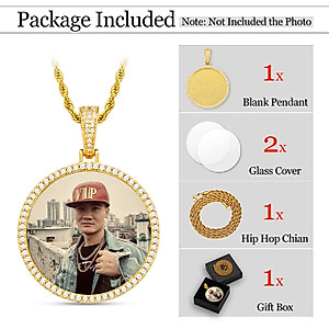 YIMERAIRE Custom Photo Necklace Personalized Picture Frame Necklace Blank Pendant for Women Round Memory Pendant Necklace with Rope Chain Hip Hop Jewelry for Men