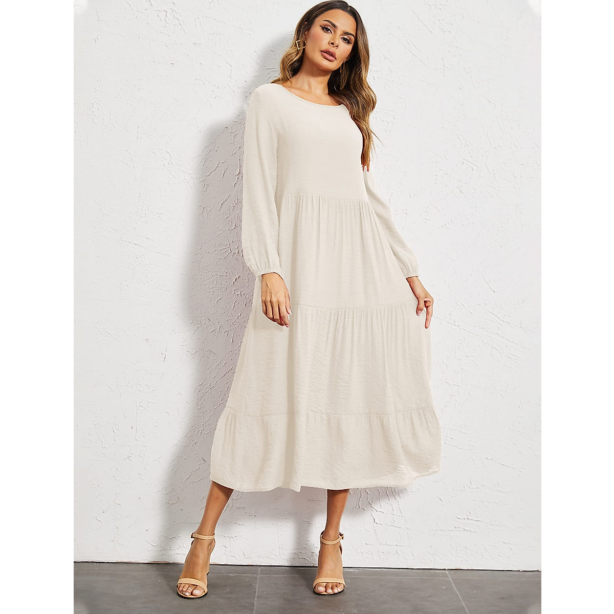 Halife Ladies Fall Dress Long Sleeve Ruffle A-line Flowy Maxi Dresses with Pockets Beige S