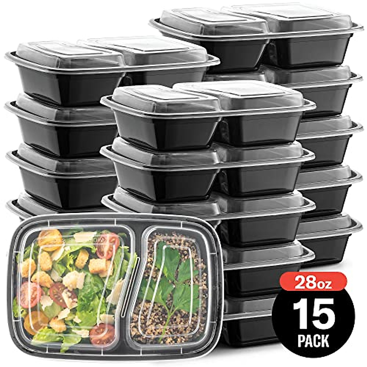 Meal Prep Plastic Microwavable Food Containers For Meal Prepping With Lids. - 2 Compartment - Black Rectangular Reusable Storage Lunch Boxes -BPA-Free Food Grade -Freezer & Dishwasher Safe (Black - 15 Pack)