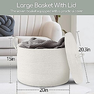 MEGASKET White Baskets for Organizing, 20" X 20" X 15" Large Storage Basket with Lid, Nursery Tall Baby Wicker Laundry Basket Hamper with Lid, White Blanket Toy Woven Rope Storage Basket Living Room