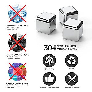 Whiskey Stones, Kollea 8 Pack Stainless Steel Whiskey Chilling Rocks, Reusable Ice Cube for Drinking, Mens Stocking Stuffers for Christmas