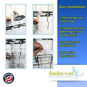 Gecko-Loc Adjustable Hanging Shower Caddy with Adhesive Storage Rack - Over Shower Head Hanger - for Shampoo, Soap, & Razors - Silver