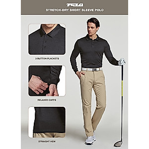 TSLA Men's Long Sleeve Cooling Polo Shirts, UPF Sun Protection Stretch Cool Dry Golf Shirt, Active Business Casual Shirts, Stretch Dry Polo Heather Black, XX-Large