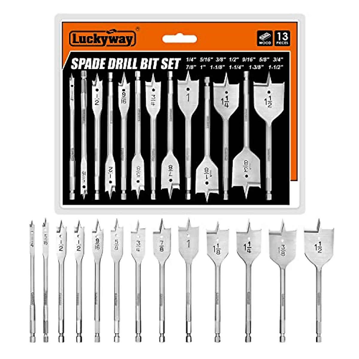 Luckyway 13-Piece 1/4 Inch to 1-1/2 Inch Spade Drill Bits Set for Wood, Plastic, Aluminum Hole Cutting