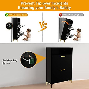 HSSZXFR 47” Tipping Bucket Shoe Cabinet, Freestanding Hidden Shoe Cabinet with 2 Flip Drawers for Entryway, Modern Shoe Rack Storage Organizer for Hallway Bedroom Living Room, Black