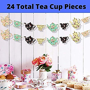 Tea Party Decoration Banner 2 Pack with 12 Pre-Strung Cups | Vintage Garden Teapot Decor, Tea Party Supplies For Girls, Princesses, Bridal Showers, Birthday | Alice in Wonderland Party Garland Decor
