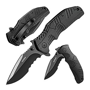 TACTIMAN Pocket Folding Knife Survival Gear Tactical Knife with Liner Lock Stainless Steel Blade in Black Oxidation G10 Handle Reversible Pocket Clip Gifts for Men Dad Husband