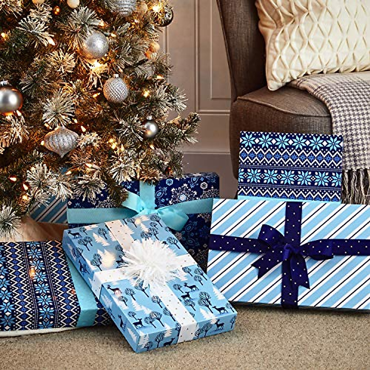 Hallmark Holiday Designed Shirt Boxes, Snowy Blues (Pack of 12) Snowflakes, Stripes, Sweater Pattern, Reindeer