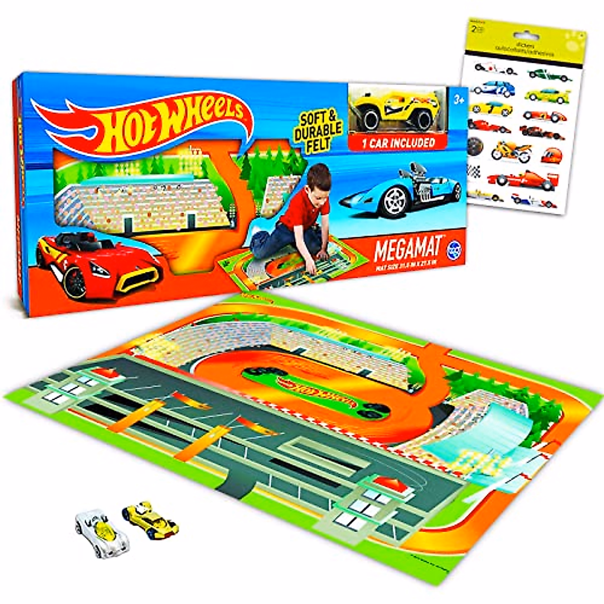 Hot Wheels Kids Hot Wheels Mega Mat with Vehicle - Bundle with Hot Wheels Playmat with Vehicle and 4 Racecar Sticker Sheets (Car Playmat for Boys)