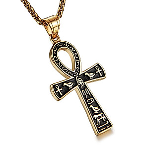 HZMAN Stainless Steel Large Ankh Cross Pendant Ancient Egyptian Hieroglyphic Symbol 22+2 Inch Chain (Gold-Small)
