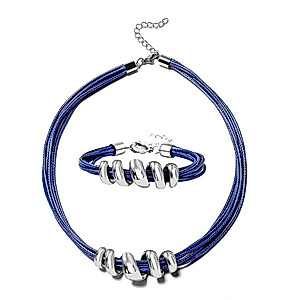 SHOP LC DELIVERING JOY Costume Jewelry Set Blue Faux Leather Choker Necklace for Women Cuff Bracelet Cord Spiral Stainless Steel Adjustable Lobster Claw Tribal 7" 16" Birthday Gifts for Women