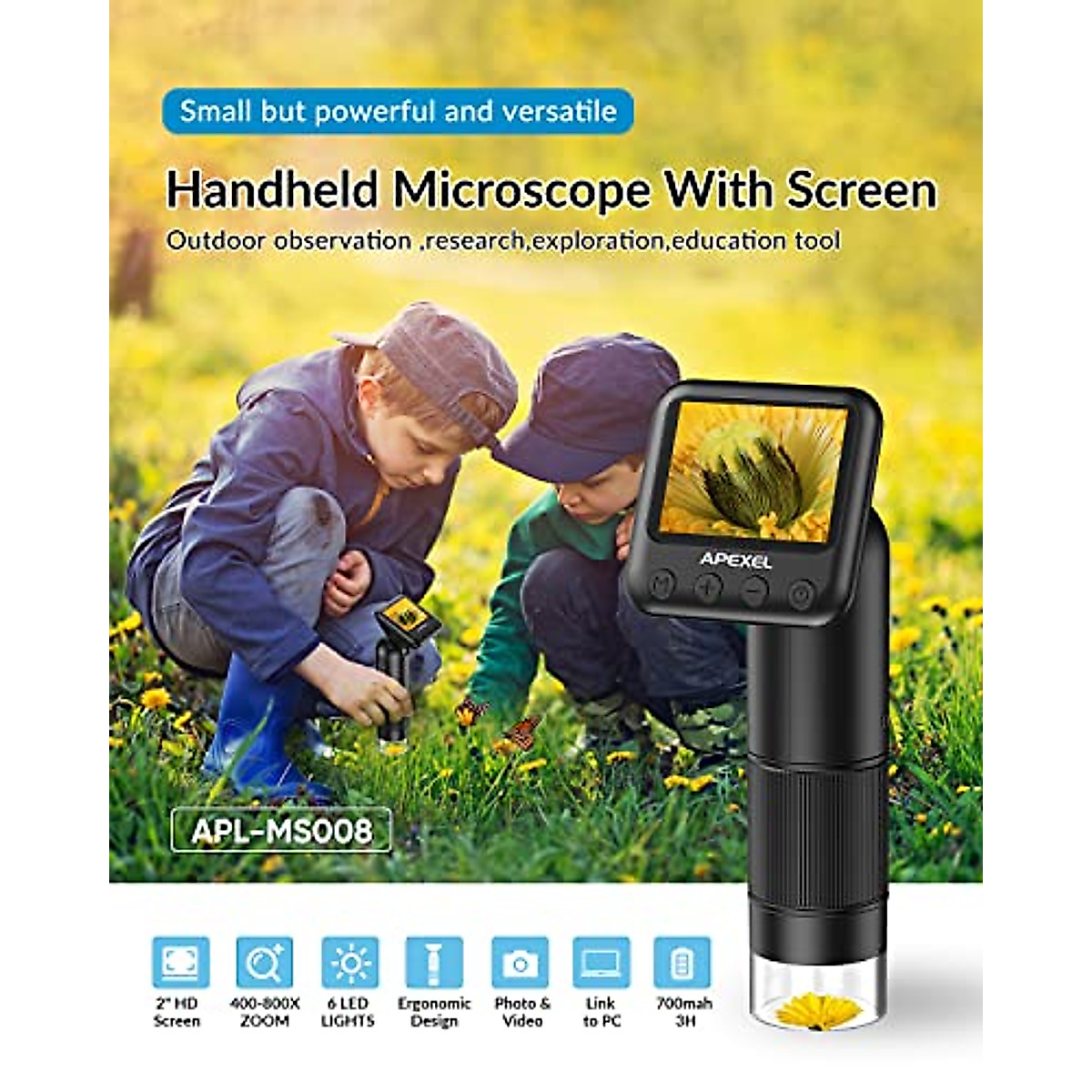 Handheld Digital Microscope, 800X HD Digital Microscope for Adults, with 2" LCD Screen Pocket Microscope for Kids, USB Lab Handheld Digital Microscopes Equipment, with 32GB SD Card