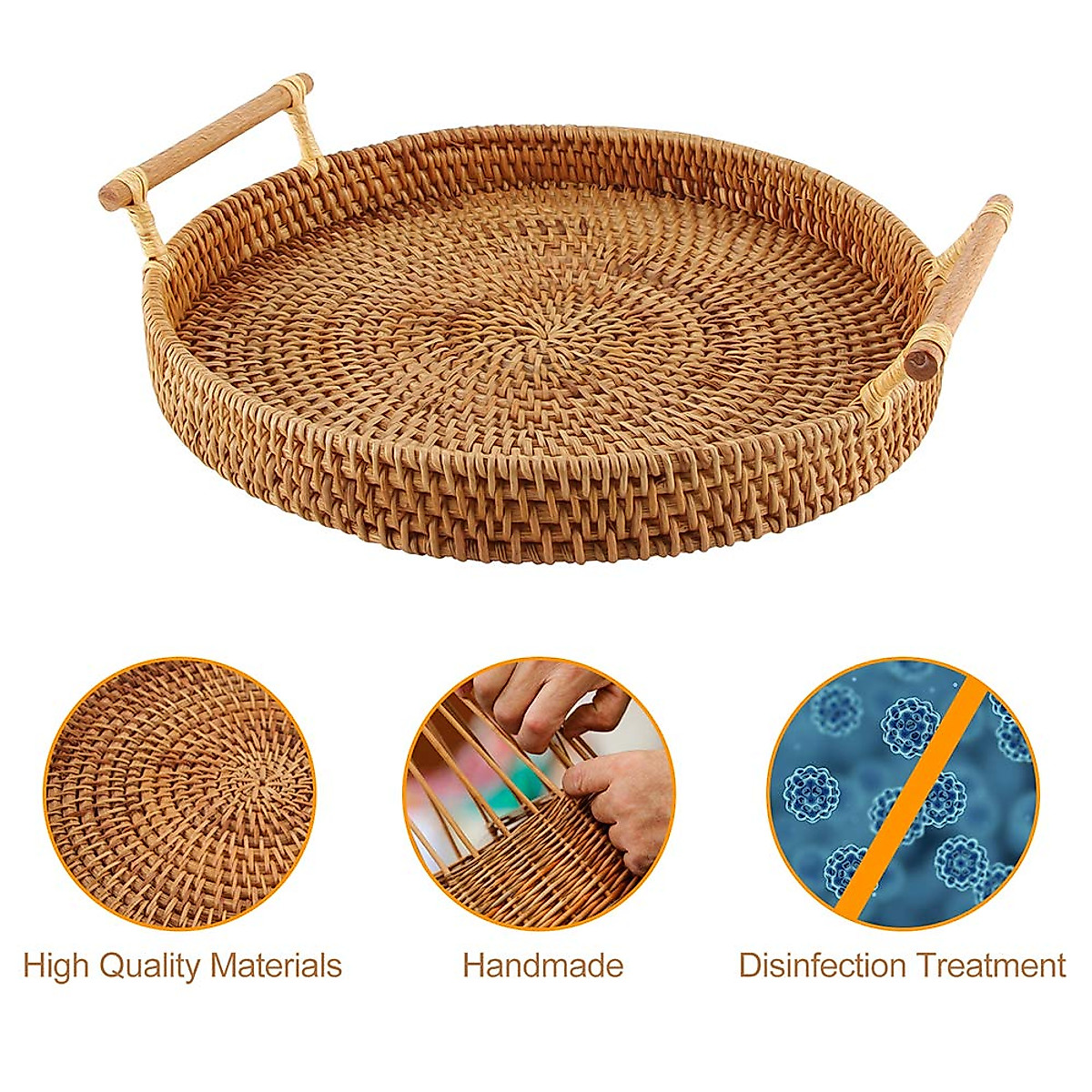 Handmade Rattan Round Woven Basket, Round Serving Tray with Handles, Food Serving Baskets, Basket, Great to Display Bread Or Fruit (10.6", 1pc)