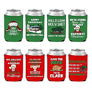 Funny Christmas Beer Can Covers, Christmas Vacation Merchandise Decorations, 8 Pcs Can Cooler Sleeves, 12 oz Reusable Can Coolers for Beverage Soda Drinks, Novelty Holiday Party Decor Supplies