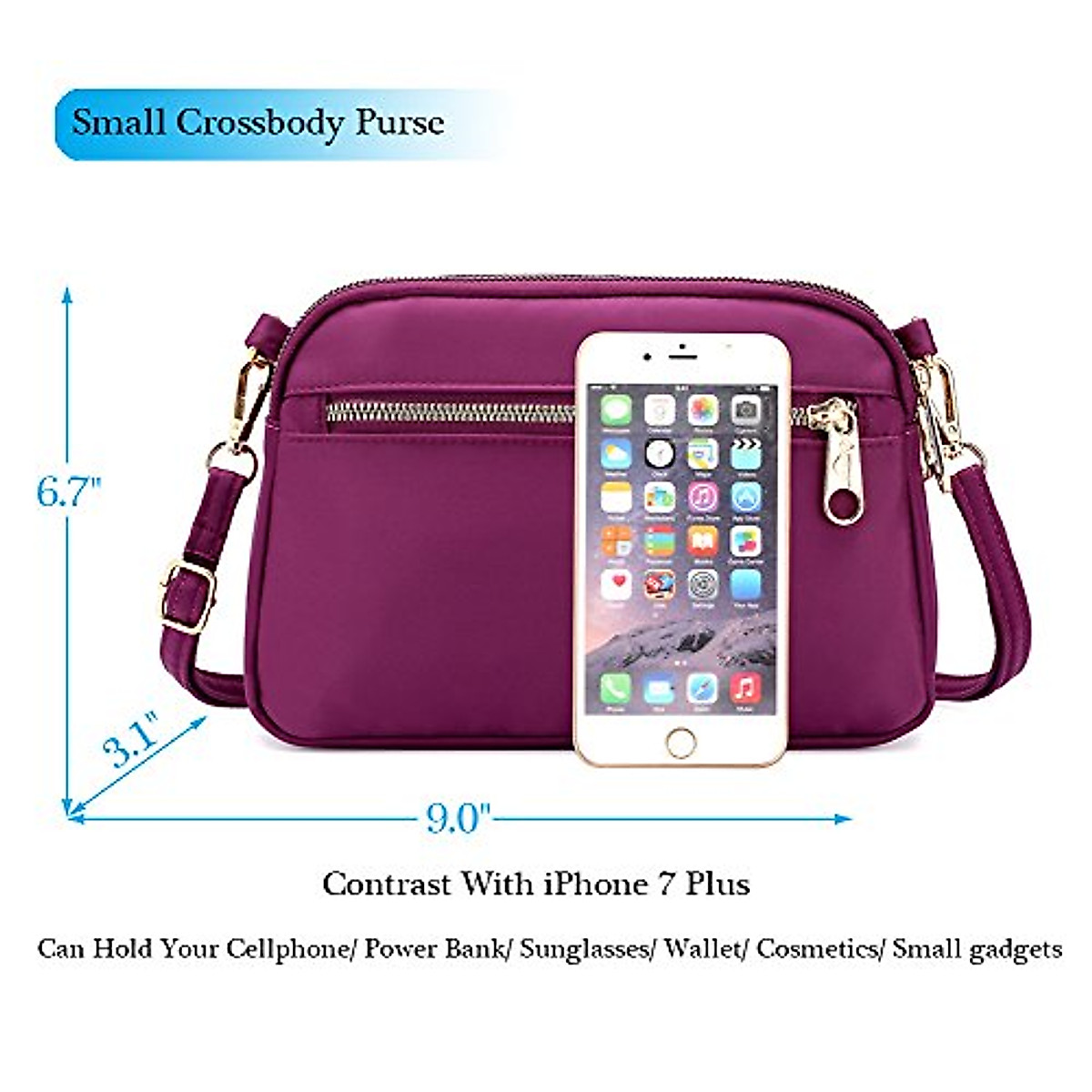 Collsants Small Crossbody Purse Mini Nylon Travel Shoulder Bag Multi Zipper Pockets (Black)