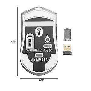 Cooler Master MM712 Wireless Gaming Mouse White with Adjustable 19,000 DPI, 2.4GHz and Bluetooth, Ultraweave Cable, PTFE Feet, RGB Lighting and MasterPlus+ Software