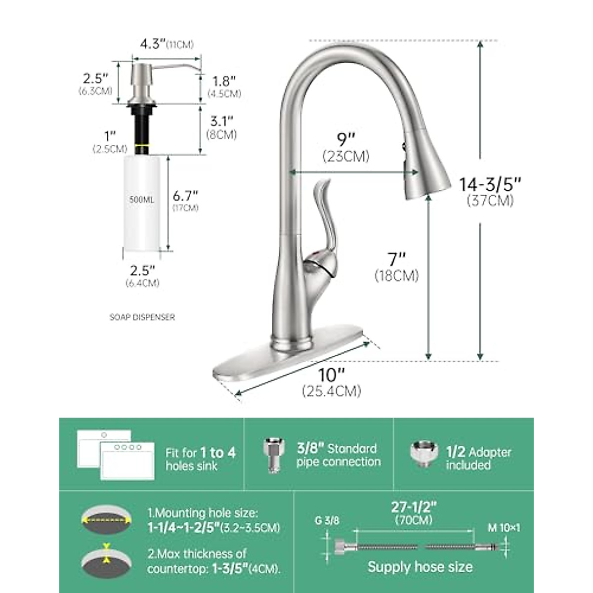 APPASO Patented Kitchen Faucet with Pull Down Sprayer and Soap Dispenser - Single Handle Stainless Steel Brushed Nickel High Arc Pull Out Kitchen Sink Faucets with Deck Plate