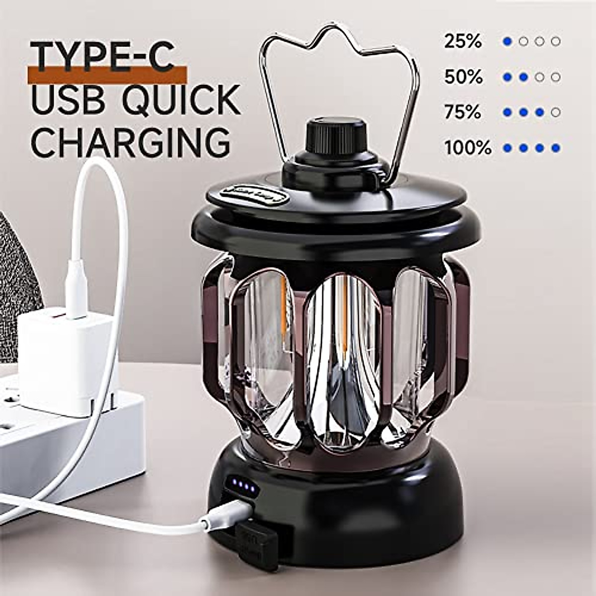 LED Camping Light Portable Retro Lantern Vintage Tent Lighting USB Rechargeable Waterproof Outdoor Lamp Black